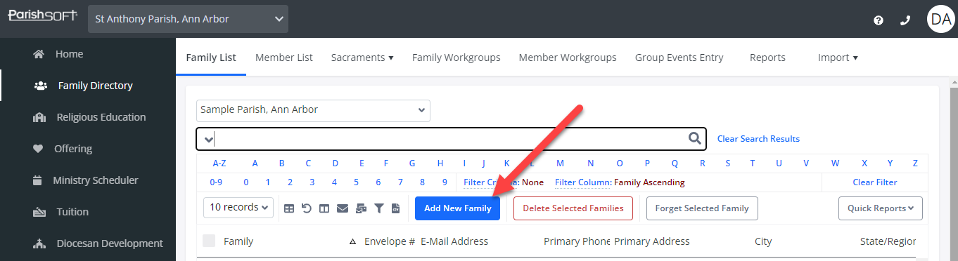 Create/add a new family record – ParishSoft
